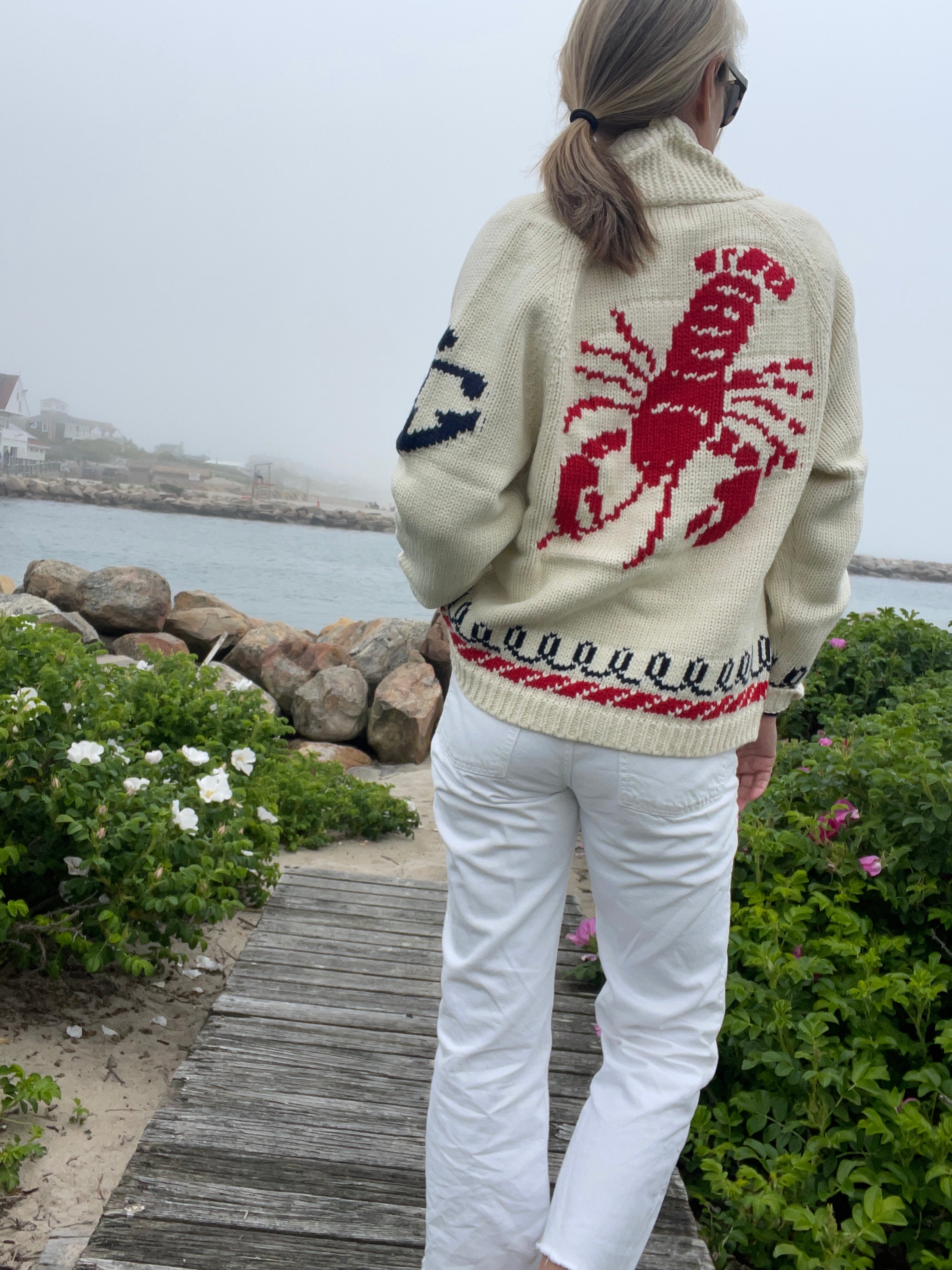 Ivory Red Lobster Varsity Cardigan with Trim – Classic Coastal Style