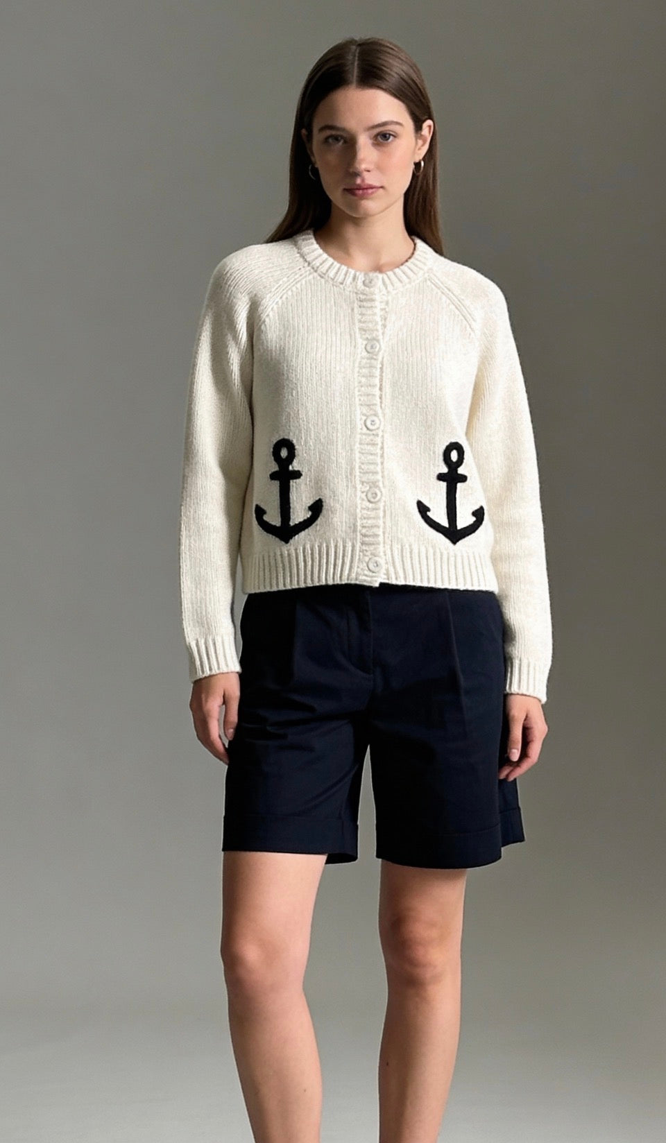 Lobster/Anchor Crop Cardigan in Ivory